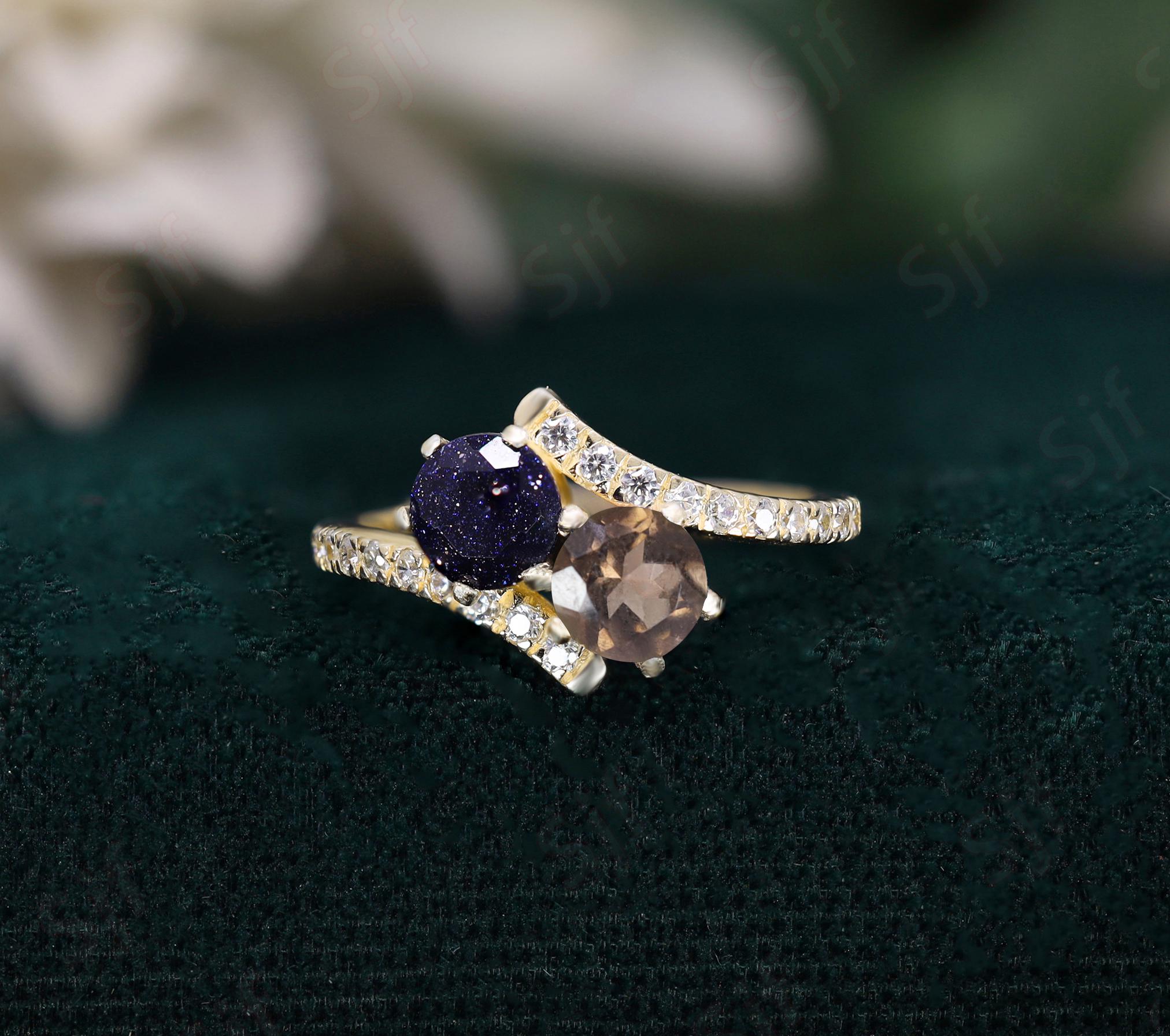 Round Blue Sandstone & Smokey Quartz 14K Rose Gold 925 Silver Ring ...
