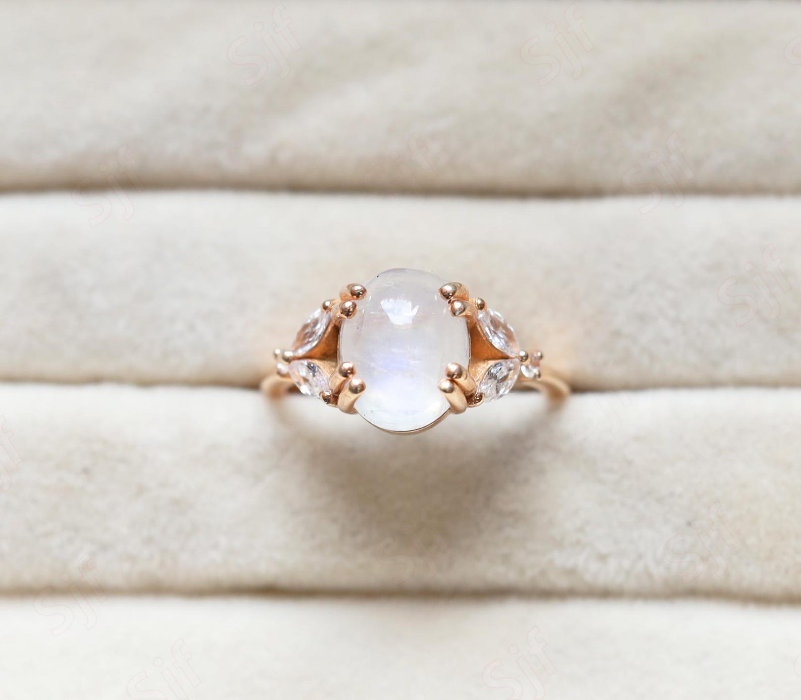 Cloudy Crystal Earthy Blue Fire Natural Oval Moonstone 14K Rose Gold ...