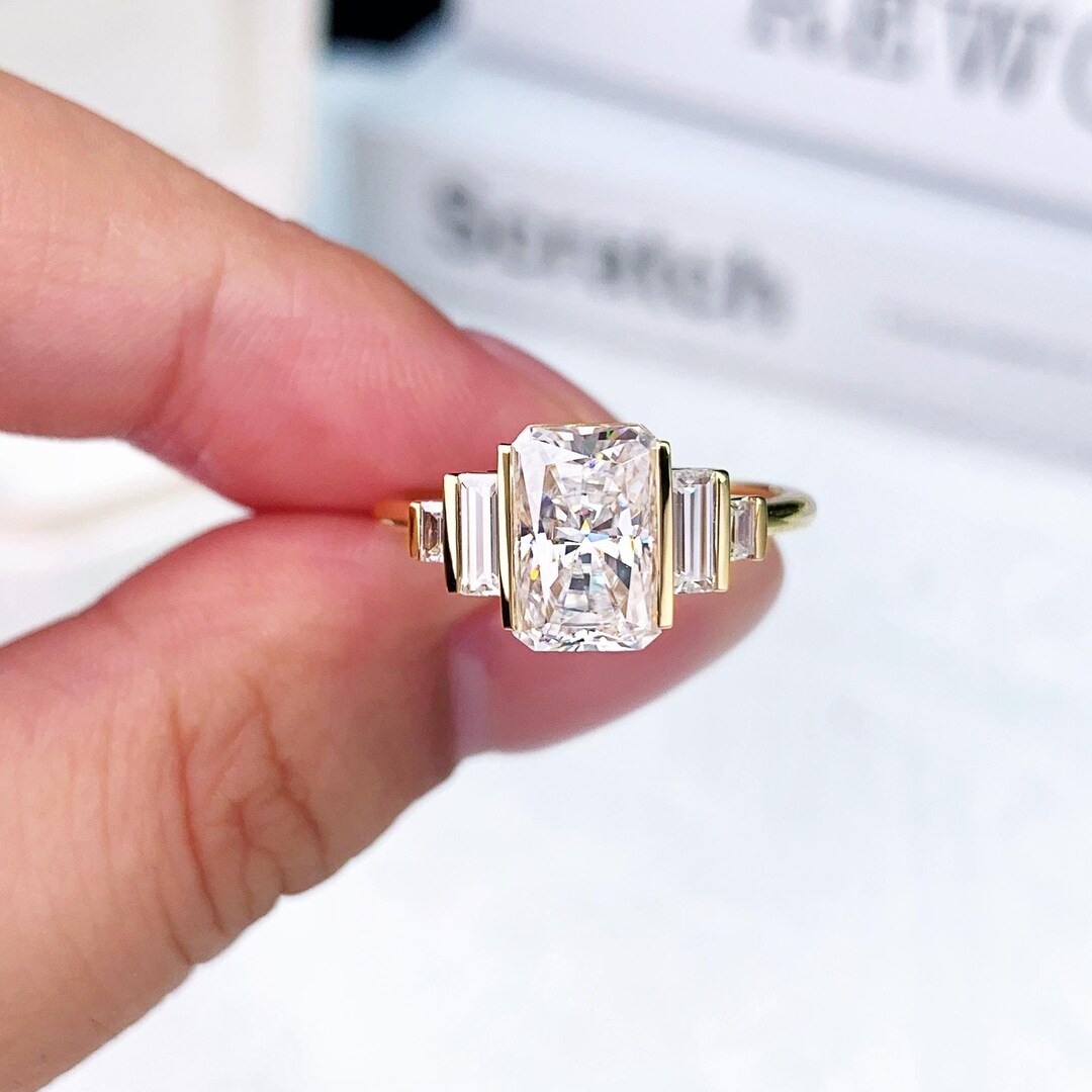 Radiant Cut Moissanite Diamond Bar Set Five Stone Engagement Ring, Side ...