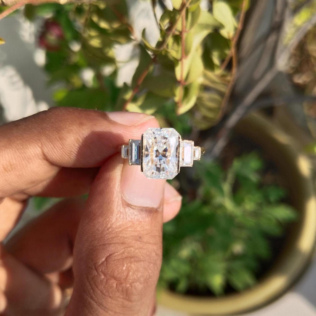 Five Stone Radiant Cut Lab Grown Diamond Ring, Bar Setting Engagement ...