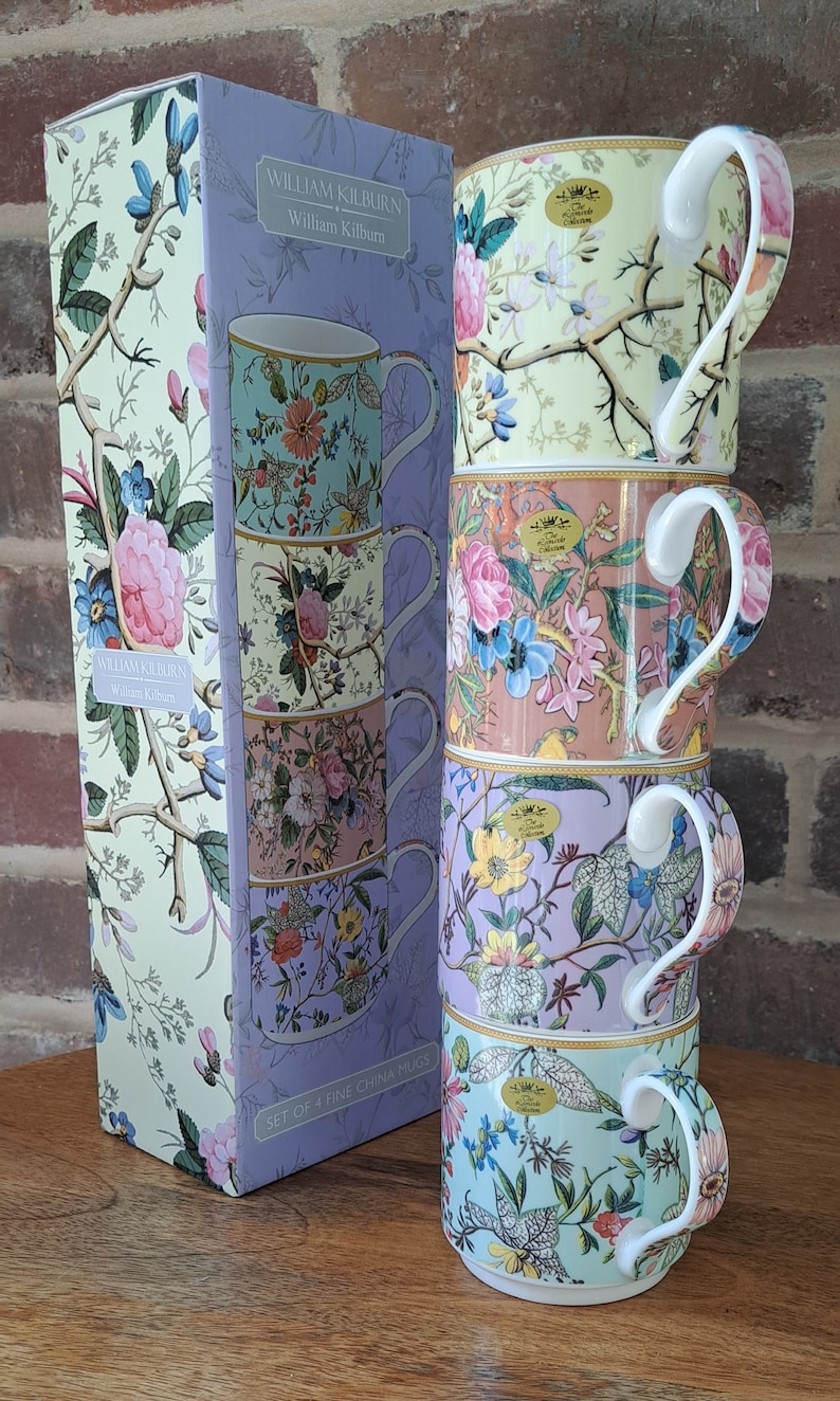 Gift Boxed Set of 4 Mugs William Morris Kilburn Design Stackable Fine ...