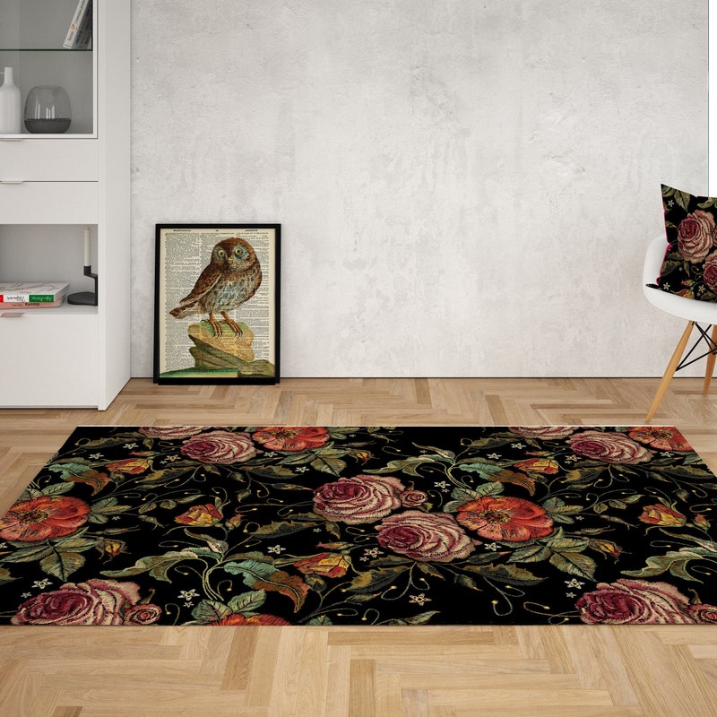 Black Area Rug With Peonies - Etsy