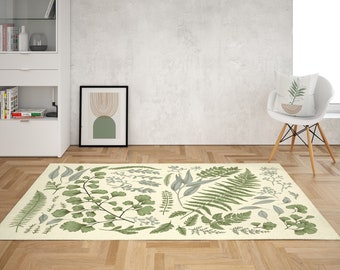 Round Green Fern Rug, Botanical Eucalyptus Rug, Leaves Floral Rug ...