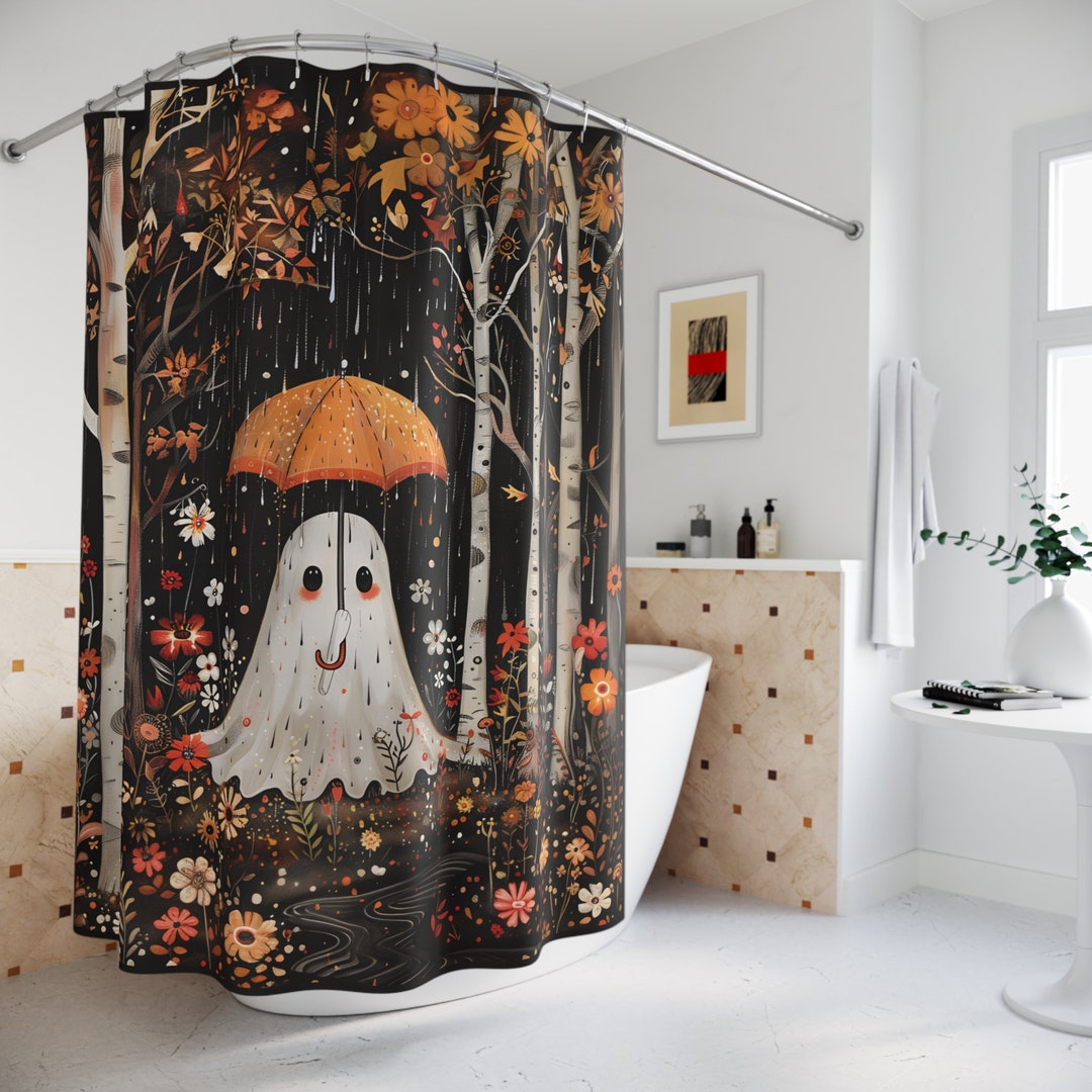 Forest Ghost Shower Curtain, Gothic Whimsigoth Botanical Bathroom Decor ...