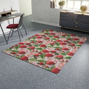 Pink Strawberry Rug, Cottagecore Floral Rug, Strawberry Decor,cute ...