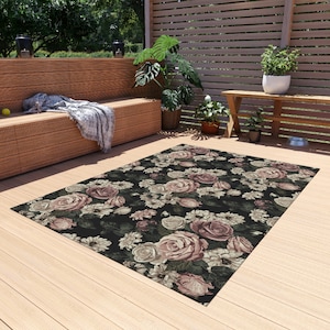 Dark Wild Roses Indoor Outdoor Rug, Dark Academia Room Decor, Dark ...