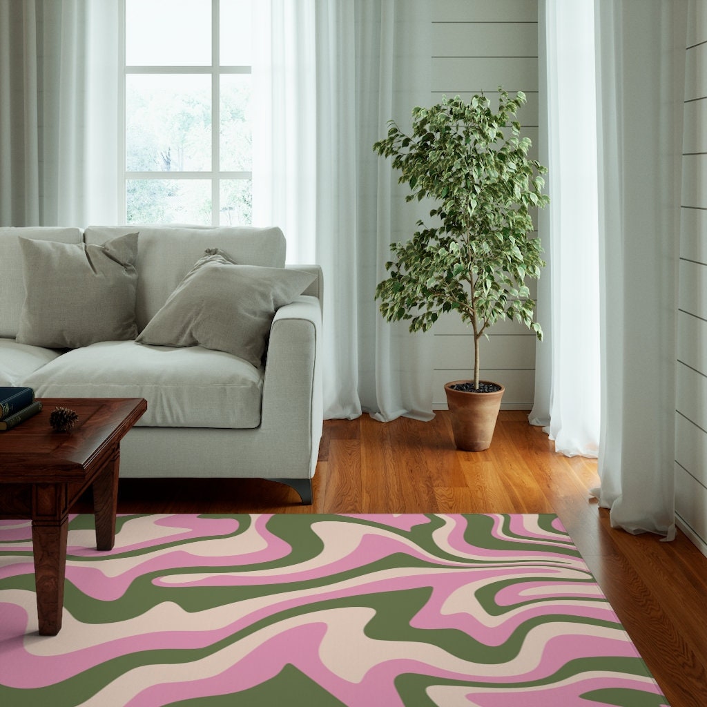 Green & Pink Wavy Trippy Rug Funky Retro Danish Pastel Area - Etsy