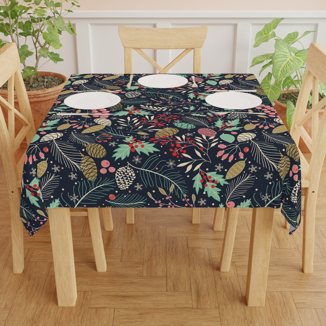 Floral Christmas Tablecloth, Holly Pinecones, Botanical Polyester - Etsy