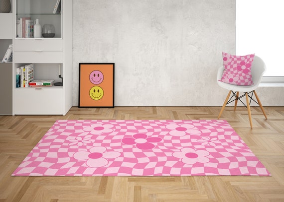 Pink Pastel Checkered Rug Daisy Flower Checkerboard Rug | Etsy