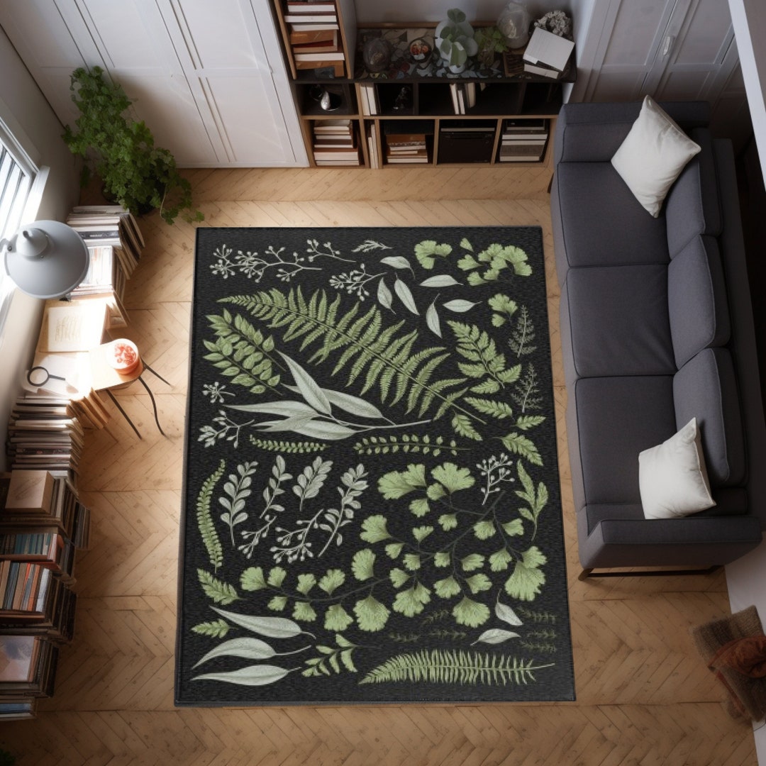 Black Vintage Fern Area Rug, Eucalyptus Floral Botanical Rug ...