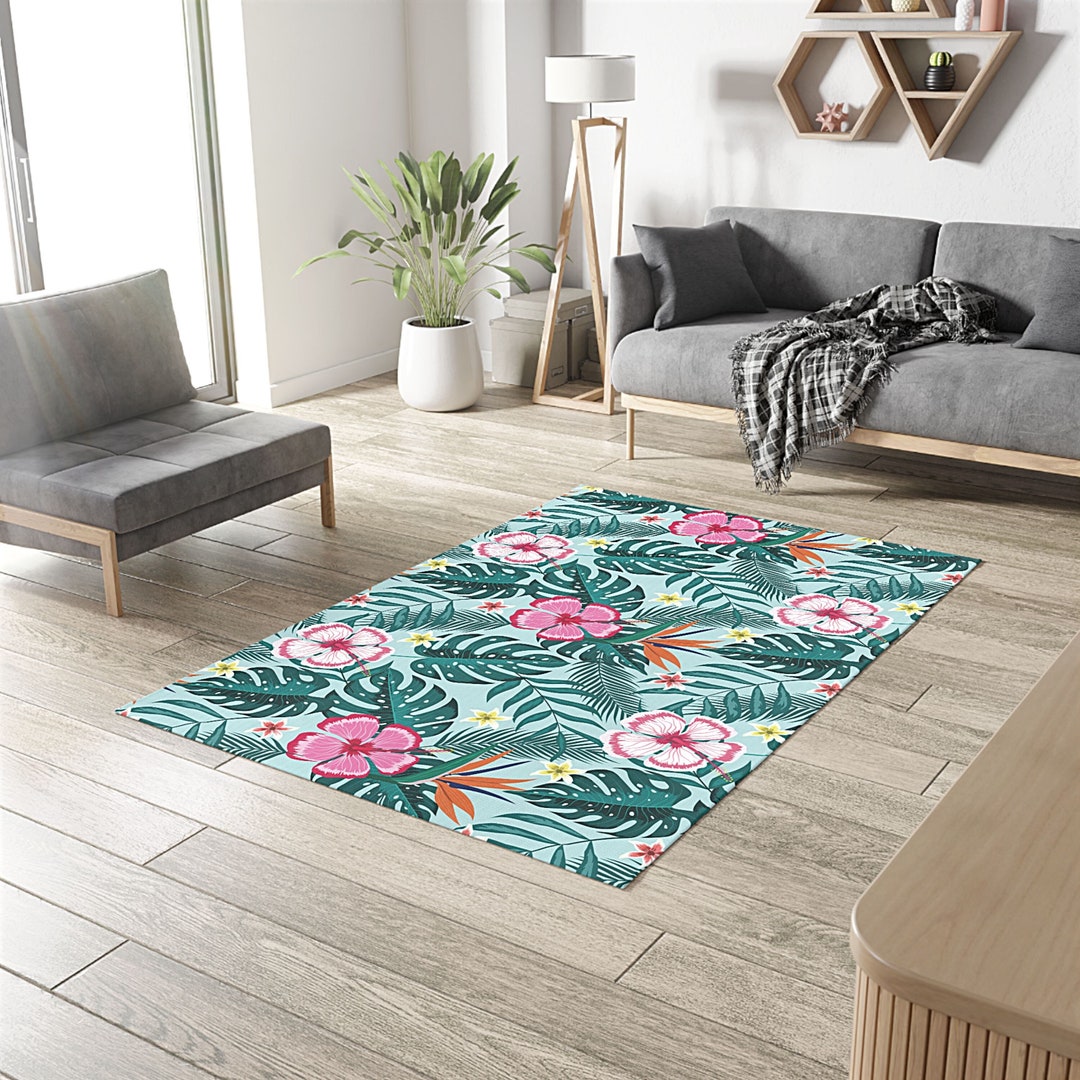 Teal Floral Indoor Outdoor Rug: Tropical Hibiscus, Jungle Leaves - Etsy