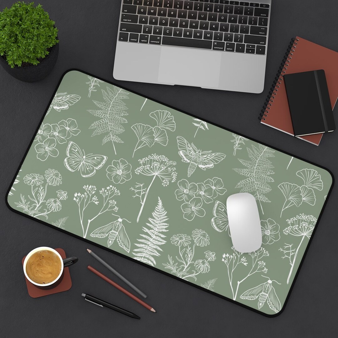 Sage Green Floral Desk Mat, Cottagecore Deskpad, Botanical Fern Leaves ...