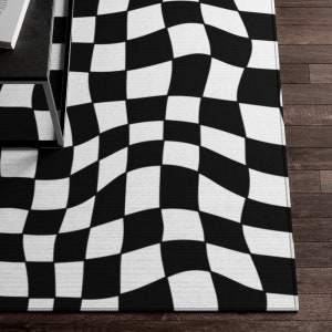 Black and White Swirl Checkered Rug, Checkerboard Rug, Groovy Funky 70s ...