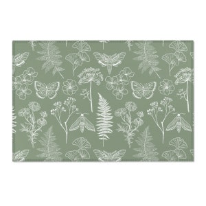 Sage Green Floral Area Rug, Fern Leaves Moth Flower, Floral Botanical ...