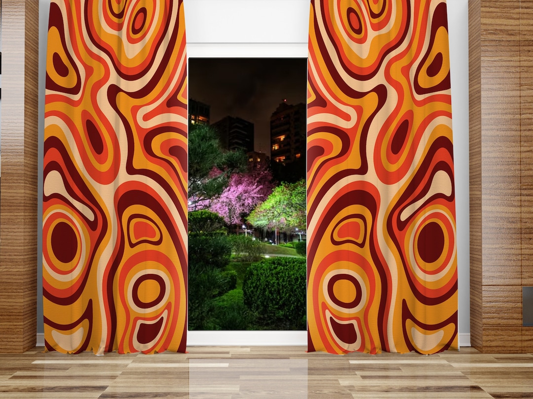 Brown Groovy Window Curtains Sheer & Blackout, Retro Blackout Curtains ...