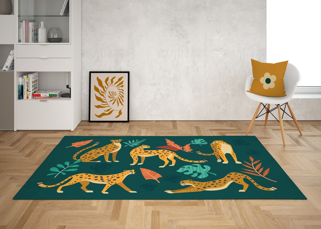 Leopard With Tropical Leaves Area Rug, Preppy Room Decor, Jungle Theme ...