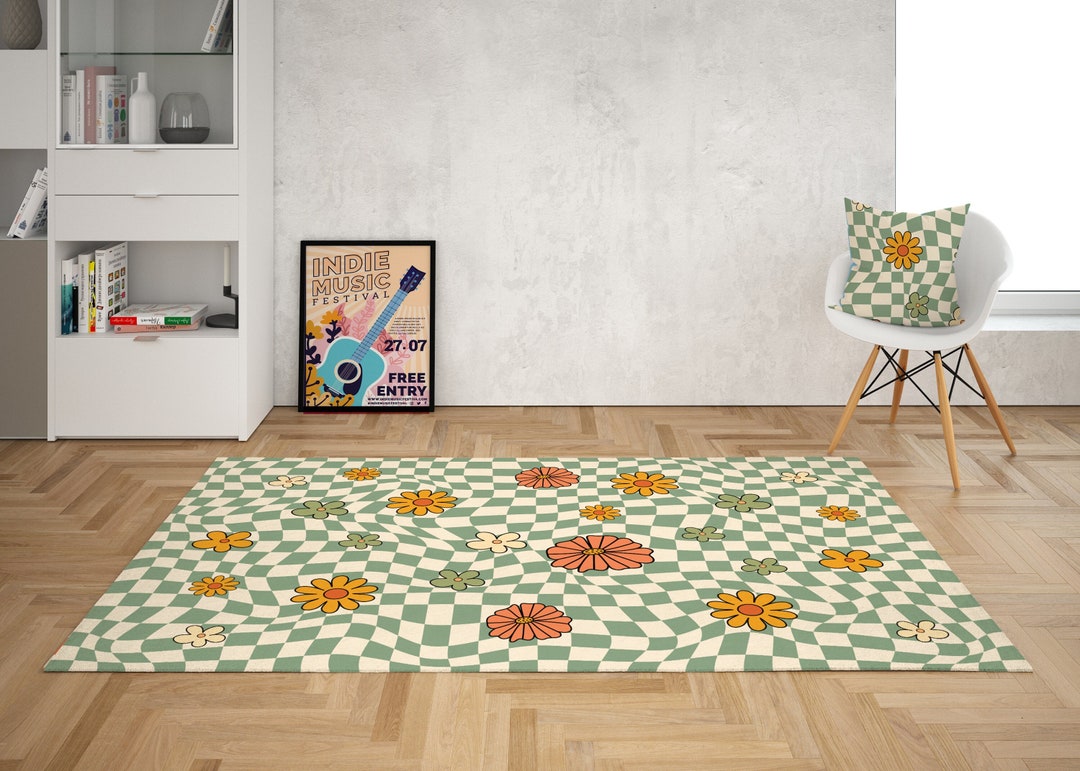 Sage Green Checkered Rug Retro Daisy Flowers, Checkerboard Rug, Groovy ...