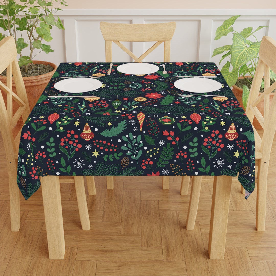 Holly Christmas Tablecloth, Red Green Floral Tablecloth, Cottage Core ...