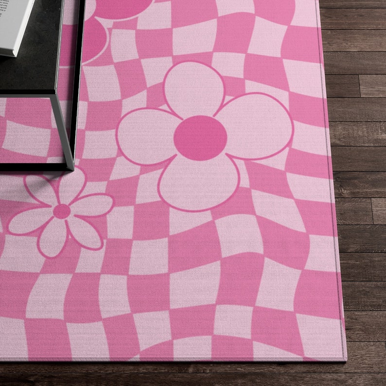 Pink Pastel Checkered Rug Daisy Flower Checkerboard Rug | Etsy