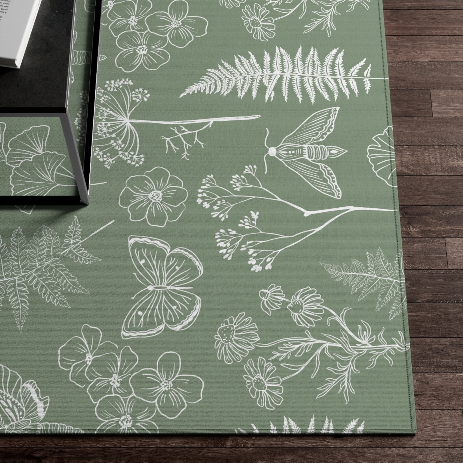 Sage Green Floral Area Rug Fern Leaves Moth Flower Floral - Etsy