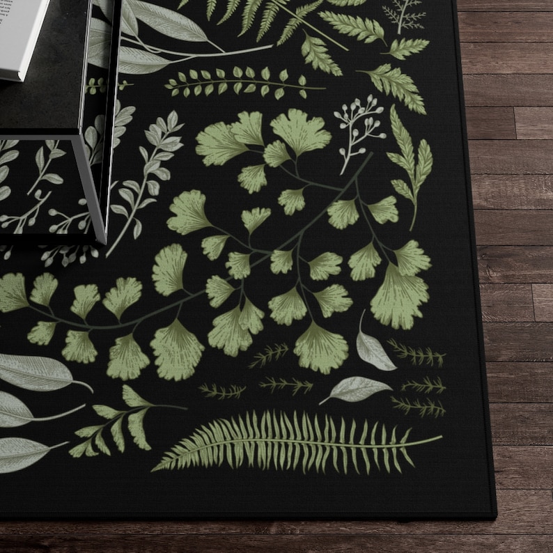 Black Vintage Fern Area Rug Eucalyptus Floral Botanical Rug - Etsy