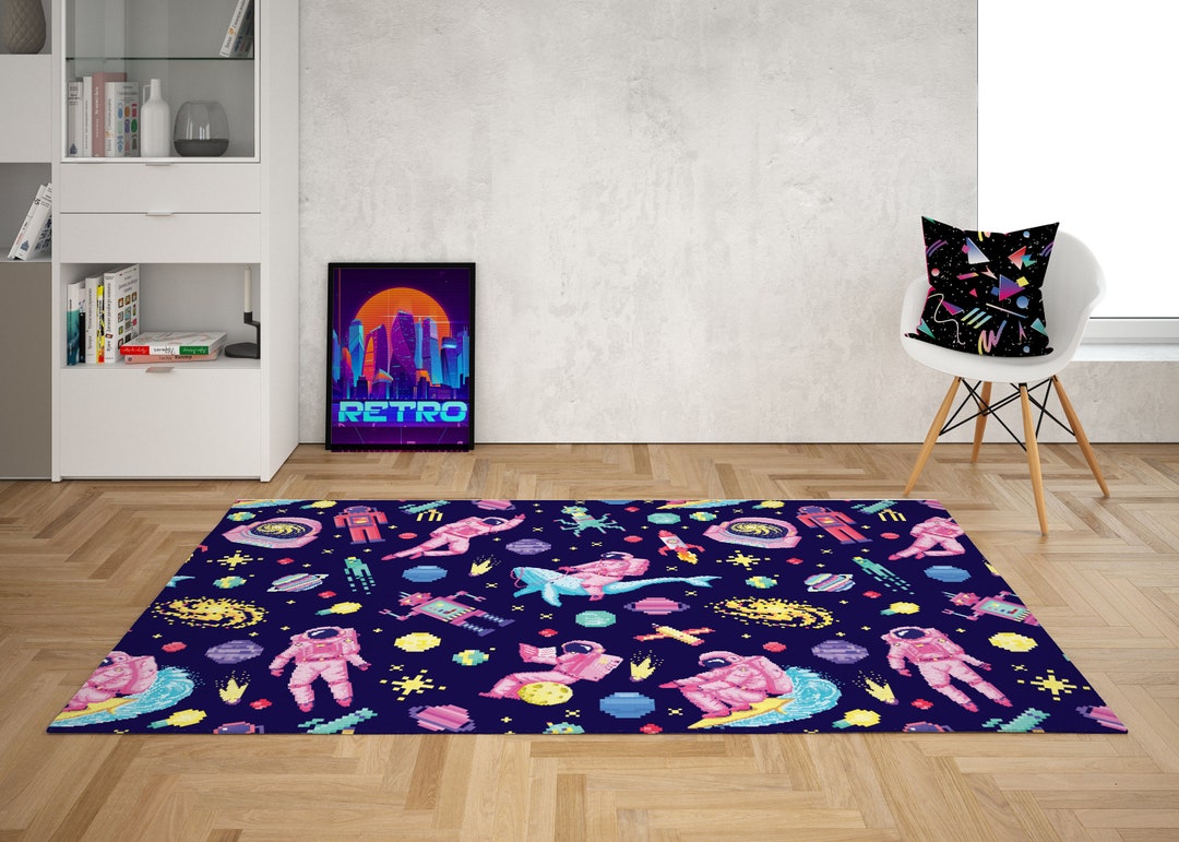 80S Arcade Carpet, Pixel Art Space Arcade Area Rug, Boys Game Room ...