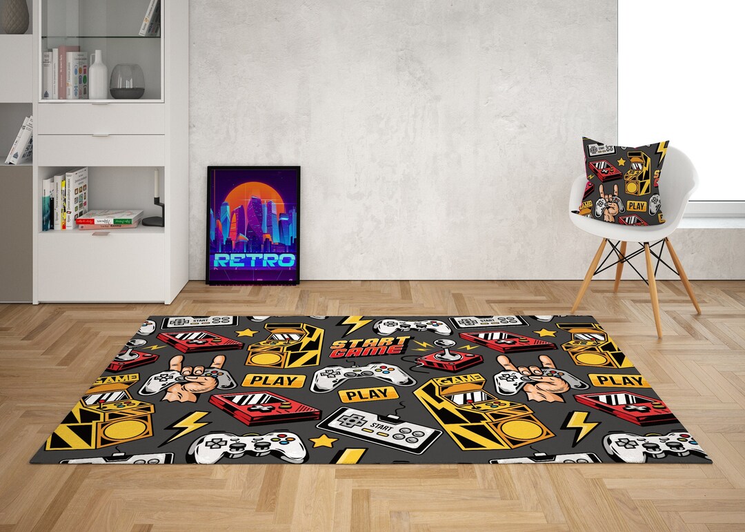 Retro Gamer Arcade Rug, 80s Arcade Carpet, Game Controller Joystick ...