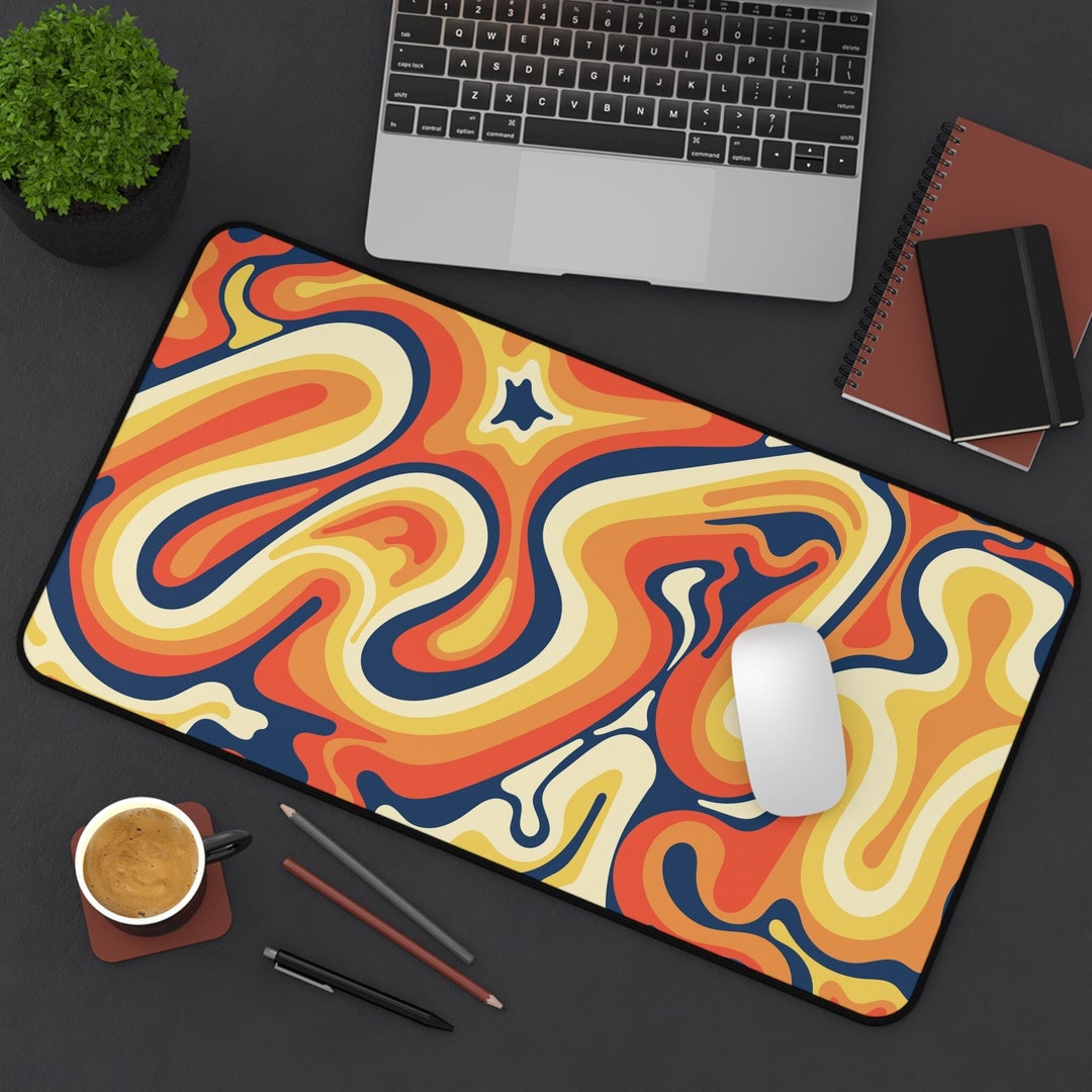 Navy Blue Orange Groovy Desk Mat, Wavy Retro Mouse Pad, Funky Desk ...