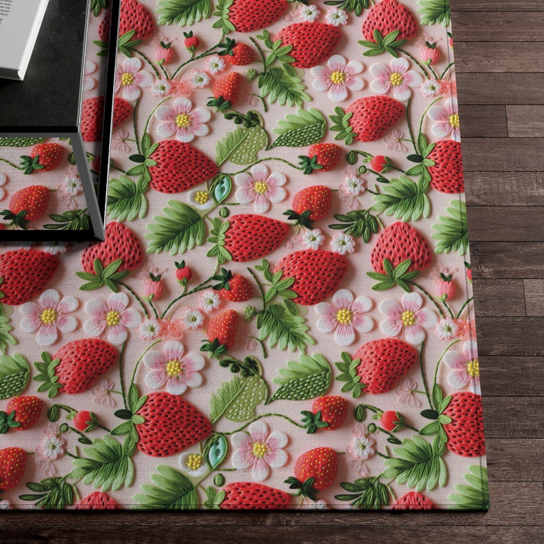 Pink Strawberry Rug, Cottagecore Floral Rug, Strawberry Decor,cute ...