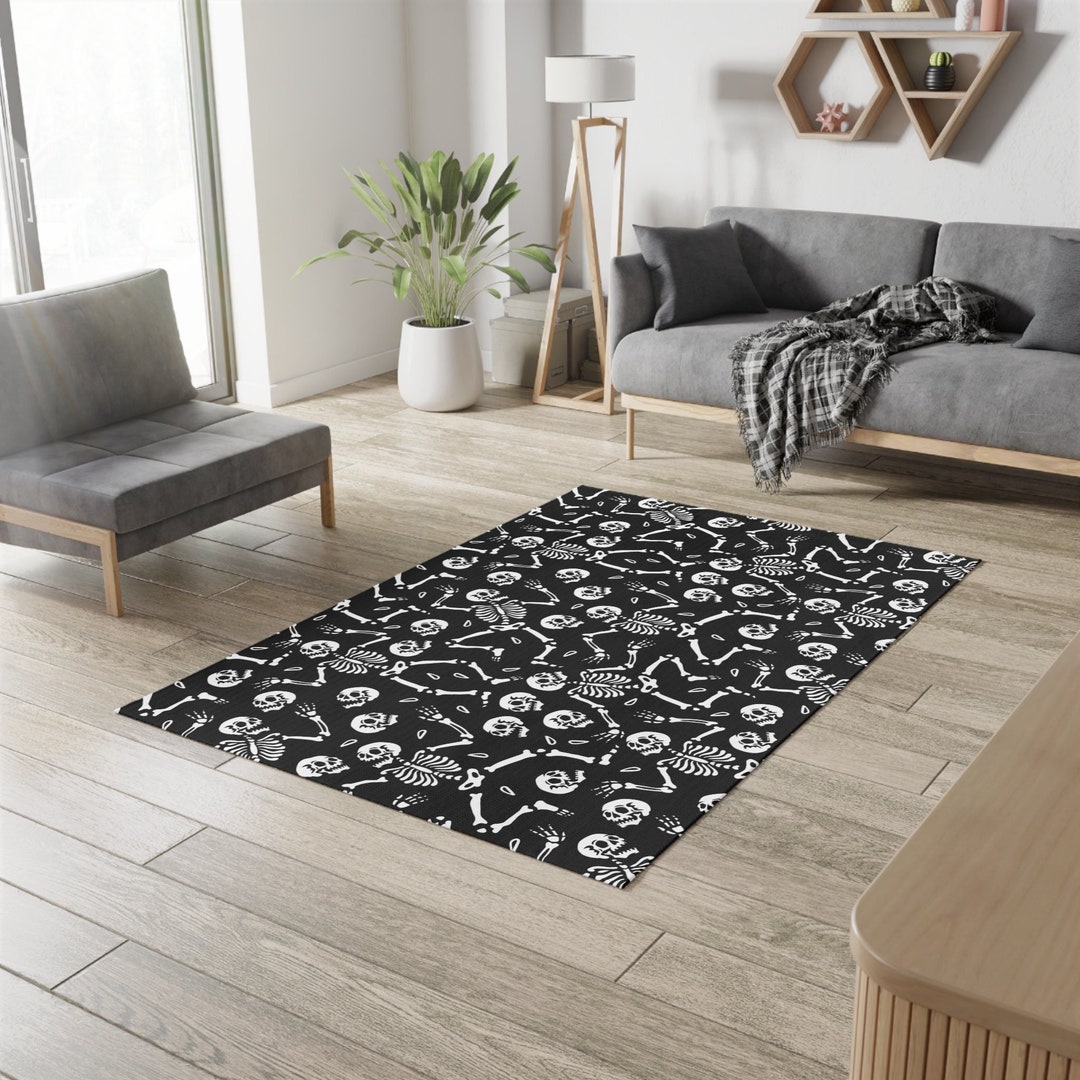 Dancing Skeleton Indoor Outdoor Rug, Black White Skeleton Halloween Rug ...