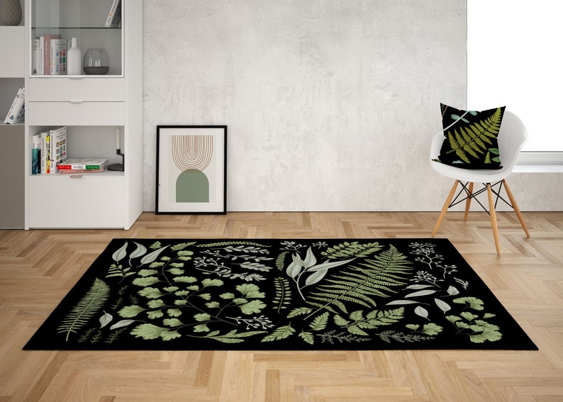 Black Vintage Fern Area Rug Eucalyptus Floral Botanical Rug - Etsy