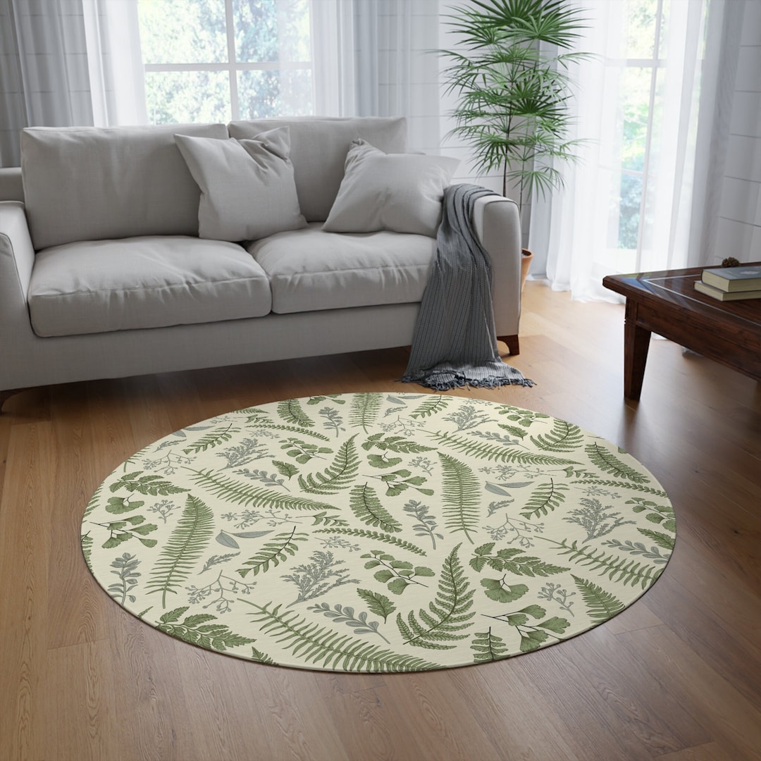 Round Green Fern Rug, Botanical Eucalyptus Rug, Leaves Floral Rug ...