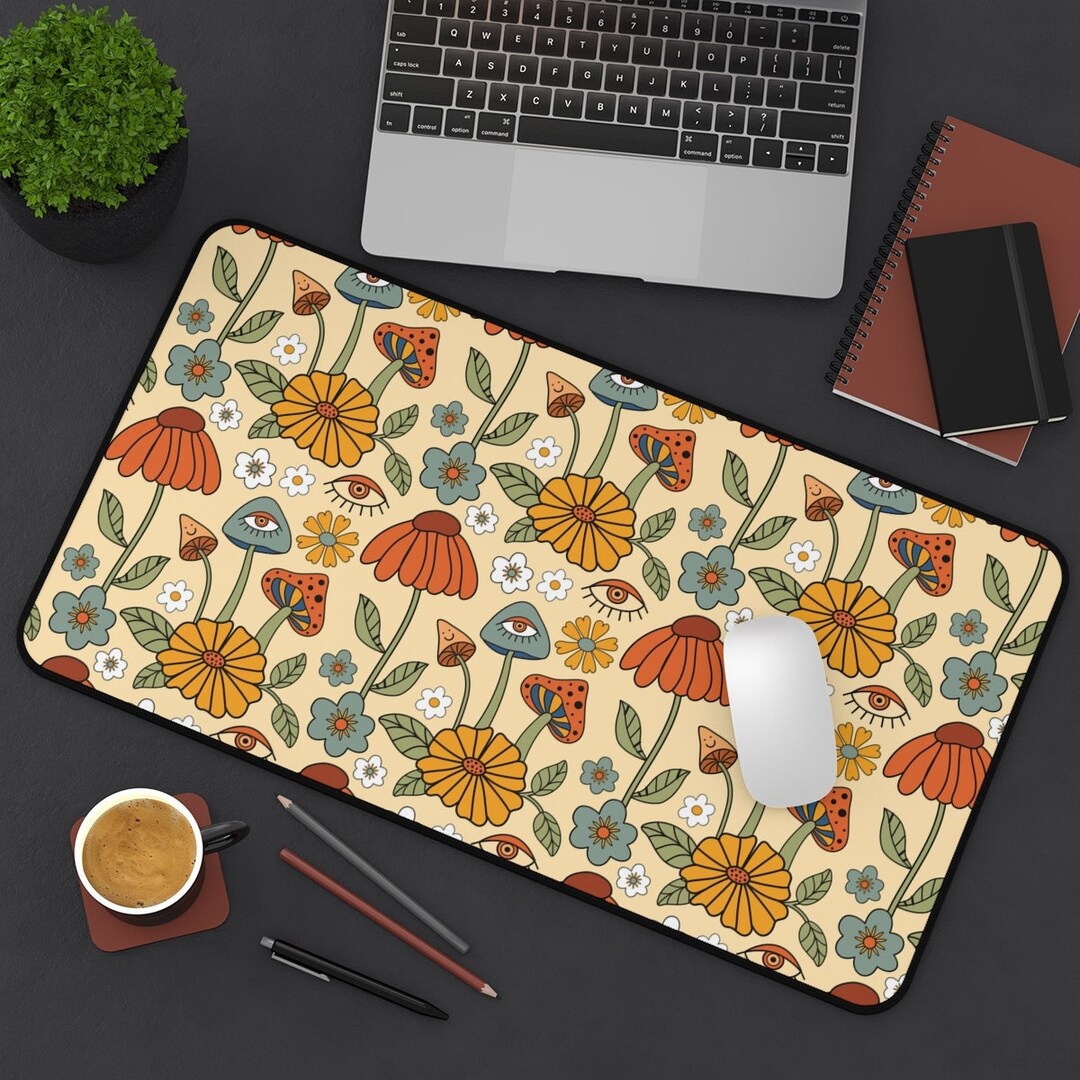 Mushroom Desk Mat, Cottagecore Deskpad, Groovy Floral Funky Desk ...