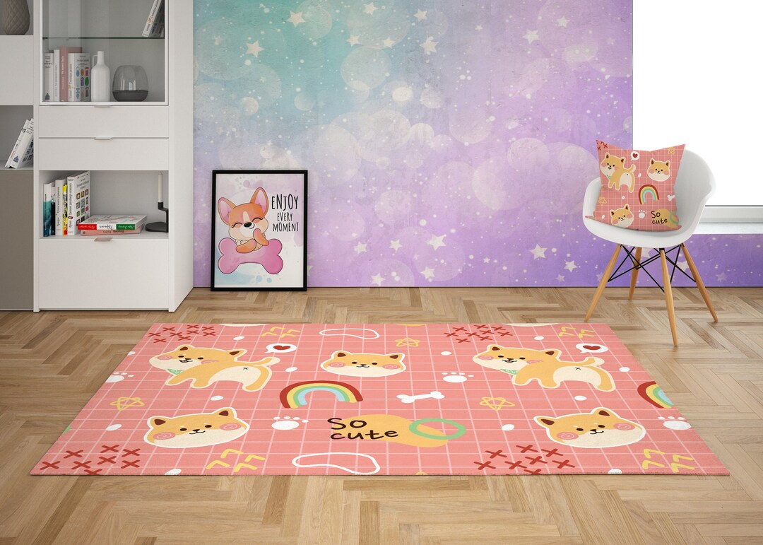 Cute Kawaii Area Rug, Pastel Corgi Kawaii Carpet, Kawaii Decor for ...
