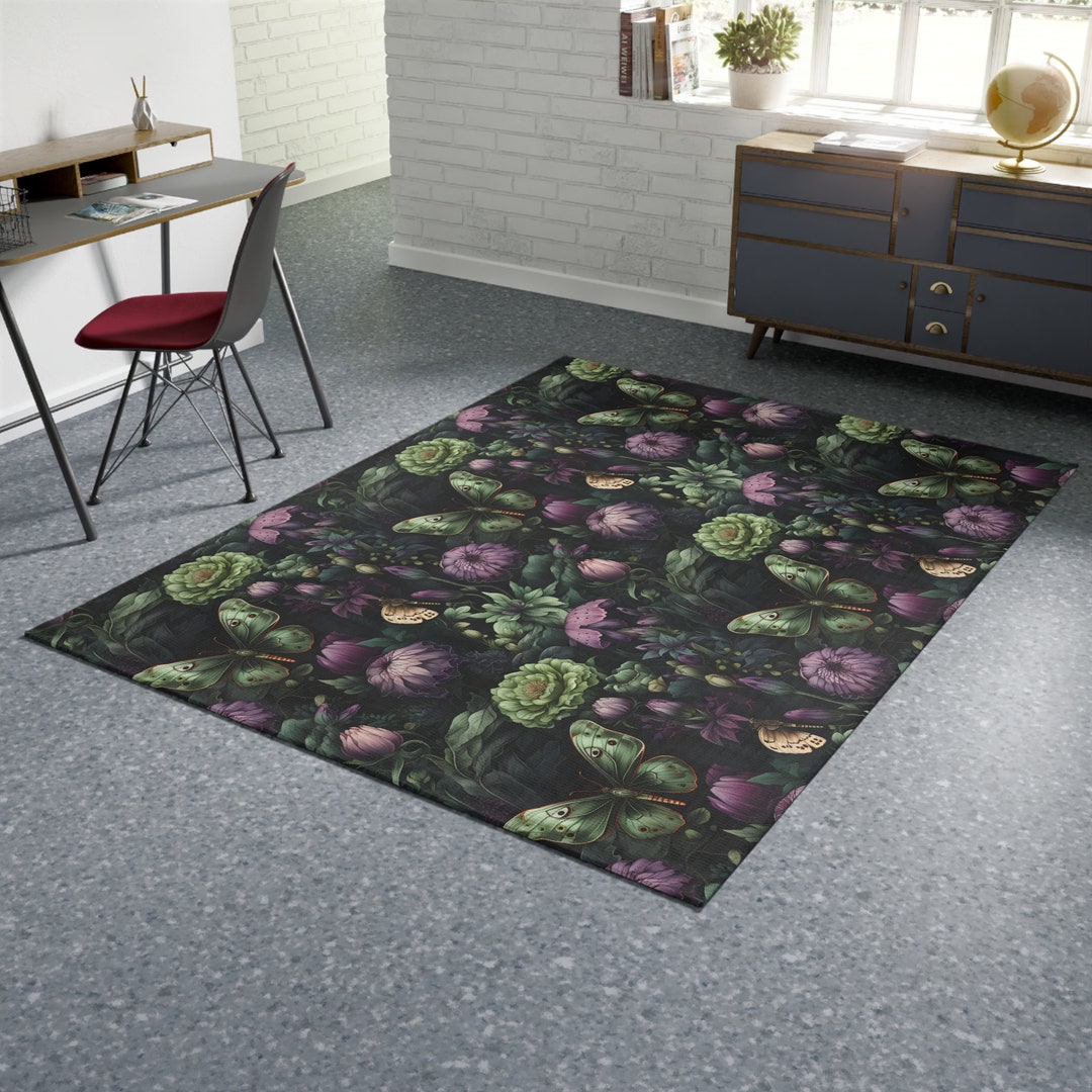 Luna Moth Celestial Rug, Floral Botanical Rug, Purple Green Gothic Rug ...