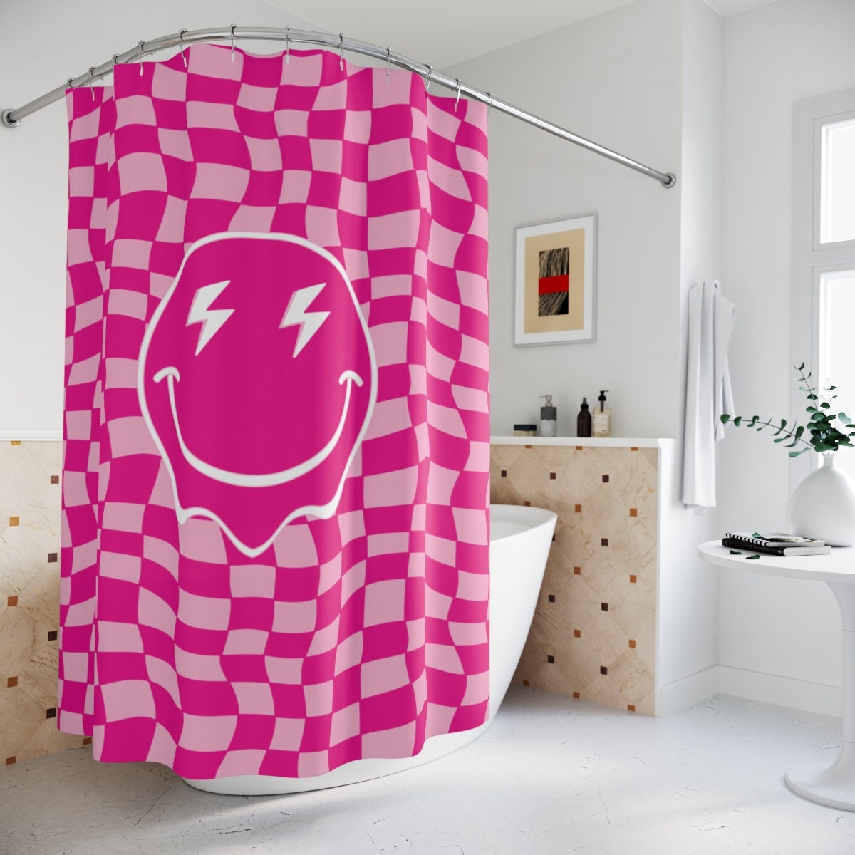 Pink Checkered Shower Curtain, Smile Happy Face, Pink Preppy Bathroom ...