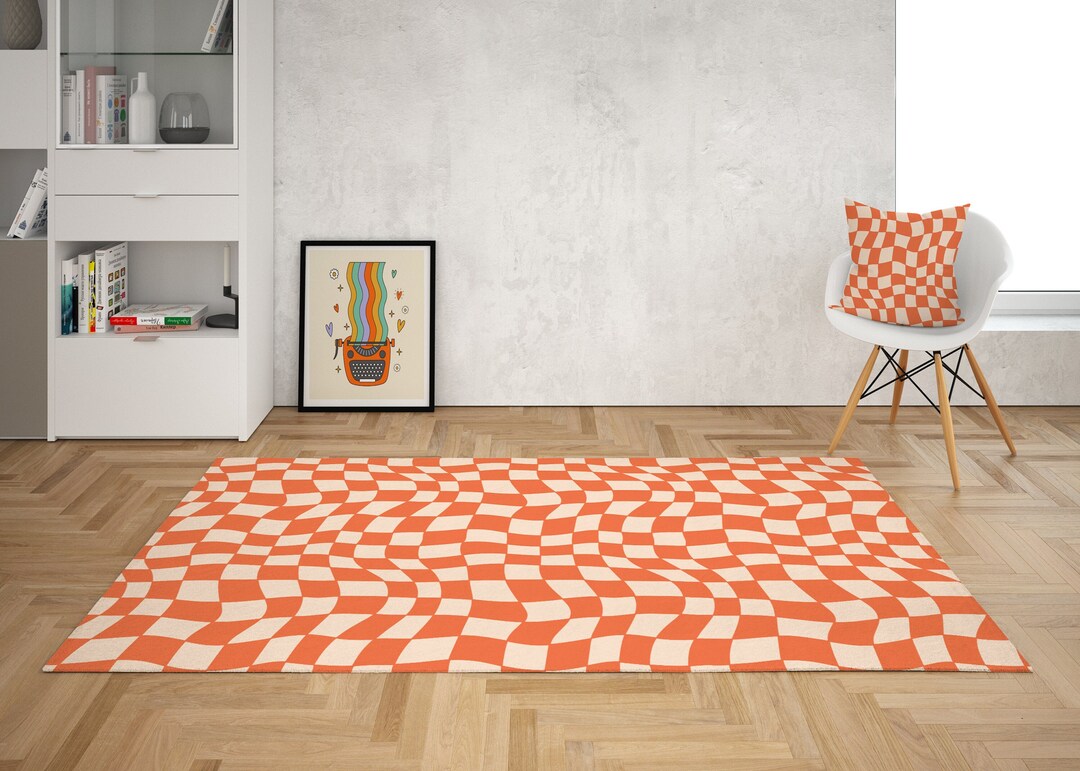 Orange Checkered Rug, Checkerboard Rug, 70s Groovy Wavy Rug, Area Rug ...