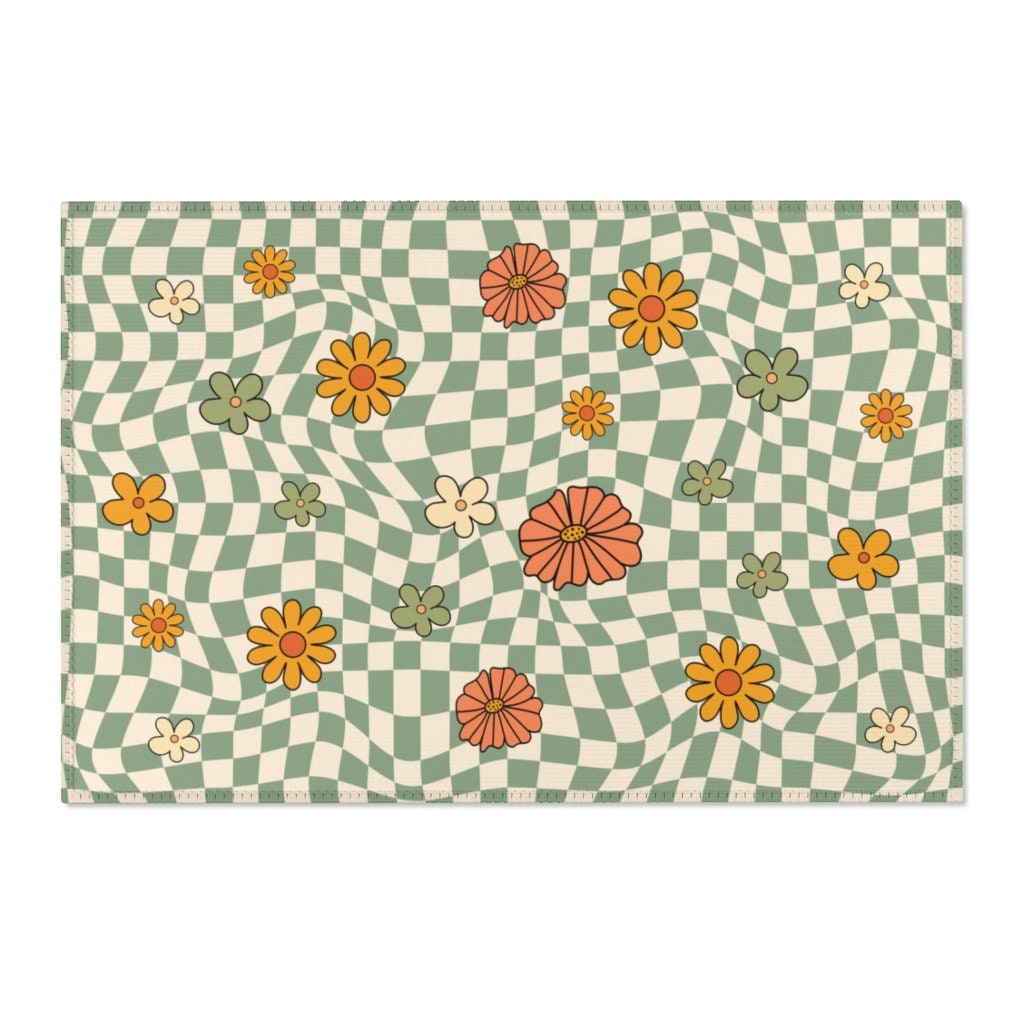 Sage Green Checkered Rug Retro Daisy Flowers Checkerboard - Etsy Hong Kong