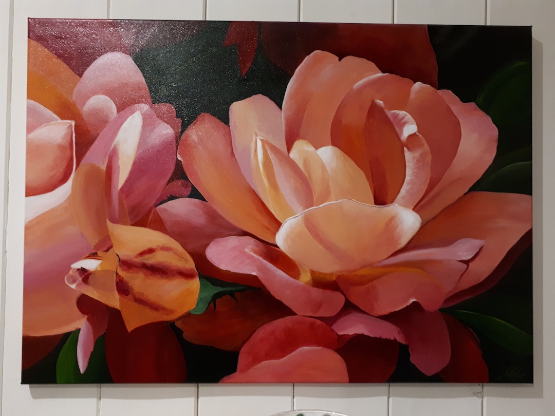 Original Acrylic Painting X-mas Art Gift Peachy Peony 50x70 Cm Warm ...