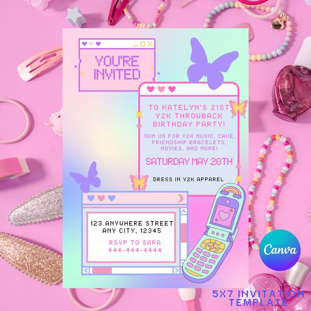 Y2K Birthday Invitation Template for Girls – Editable 2000s Pastel ...