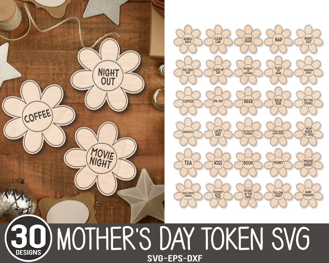 30 Mother's Day Flower Token SVG, Token Laser Cut File, Mothers Day Svg ...