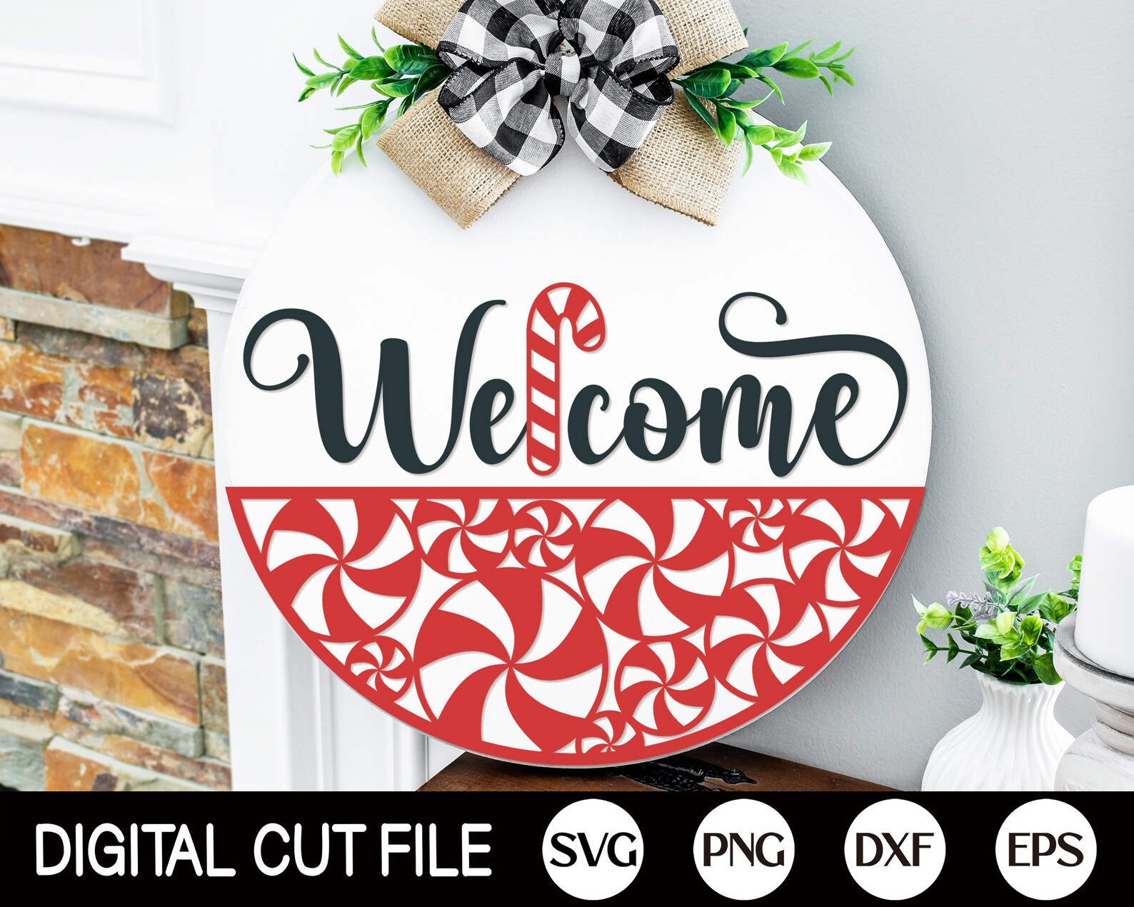 Peppermint Round Welcome Sign SVG, Christmas Door Hanger SVG, Candy Svg ...