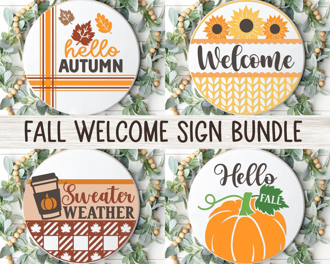 Fall Welcome Sign Bundle, Round Door Hanger SVG, Autumn Sign Svg, Hello ...