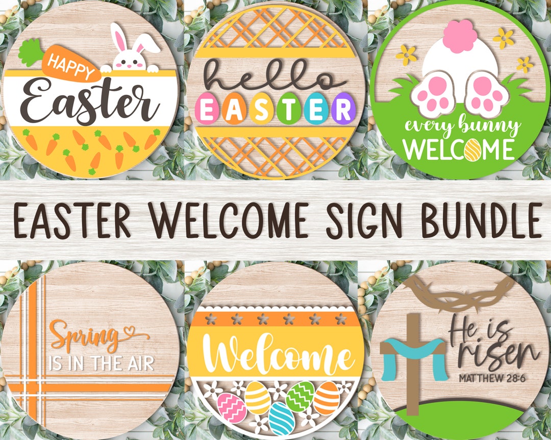 Easter Welcome Sign Bundle, Round Door Hanger SVG, Easter Sign Svg ...