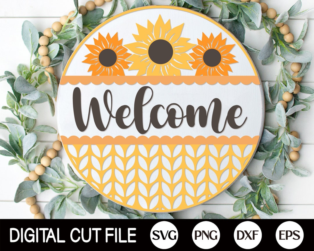 Fall Welcome Sign, Round Sunflower Door Hanger SVG, Autumn Sign Svg ...