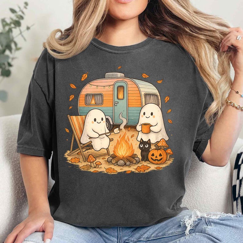 Retro Cute Ghost Halloween Png, Caravan Camper Trailer Ghost Png, Fall ...