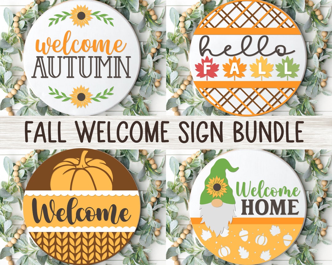 Hello Fall Welcome Sign Bundle, Round Door Hanger SVG, Autumn Sign Svg ...