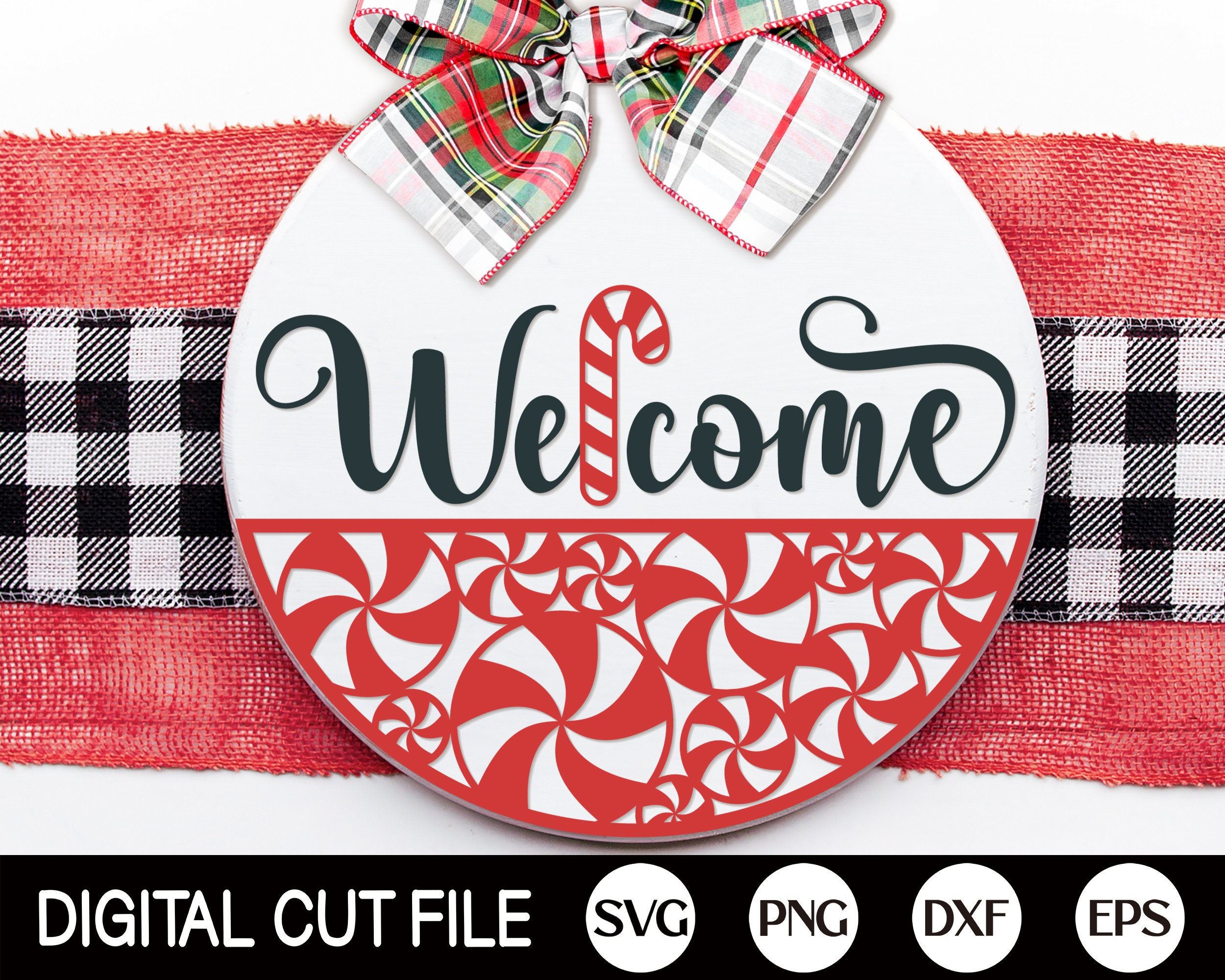 Peppermint Round Welcome Sign SVG, Christmas Door Hanger SVG, Candy Svg ...