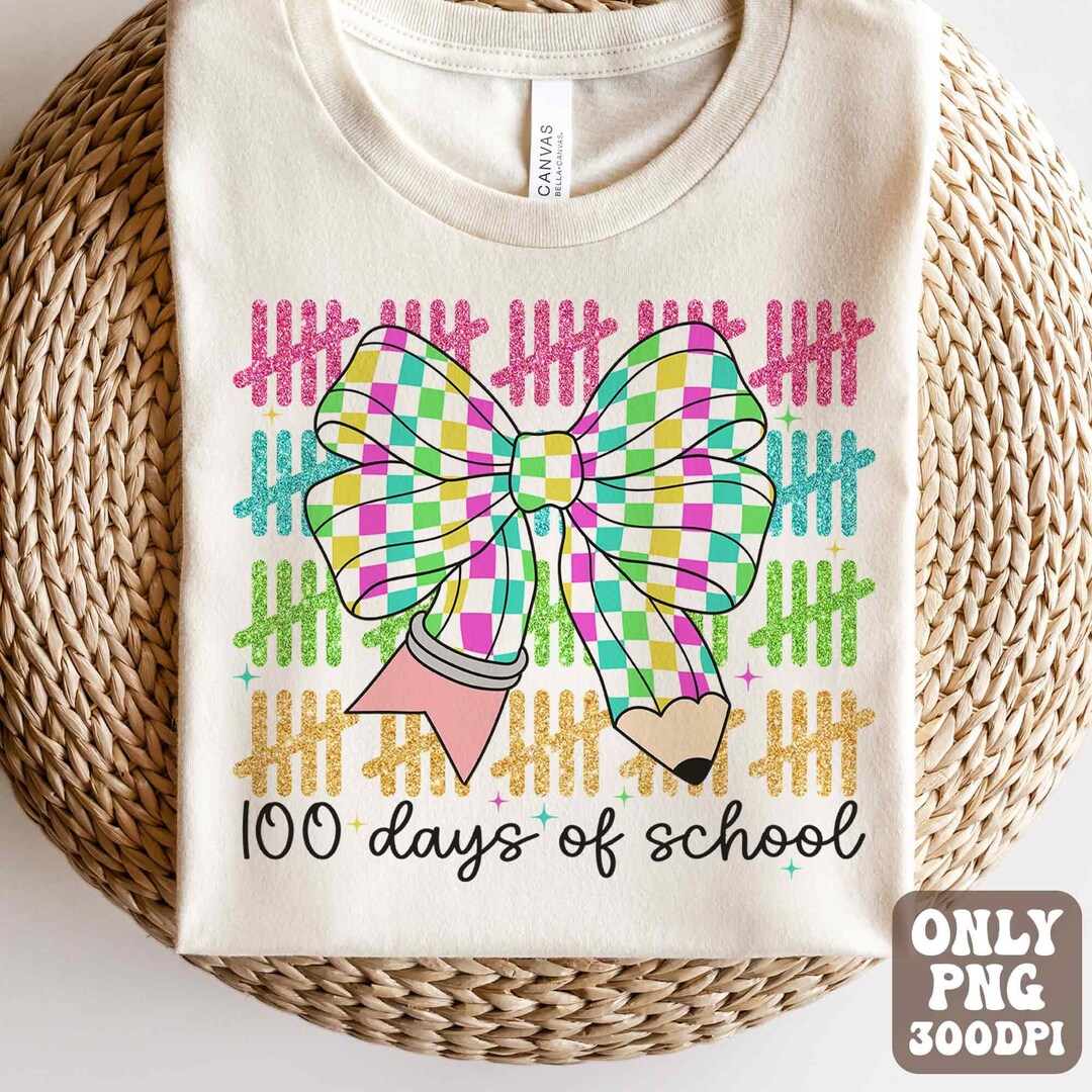 Coquette Pencil Bow 100 Days of School Png, Colorful Checkered 100 Days ...
