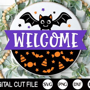 Halloween Bat Welcome Sign SVG, Halloween Door Hanger SVG, Bat Svg ...